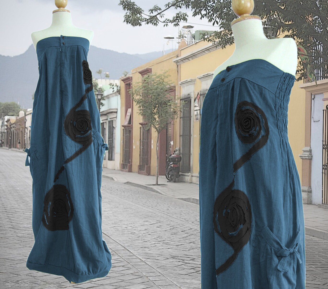 Floor Length Dress Cadet Blue Maxi Dress Summer Cotton Dress Strapless ...