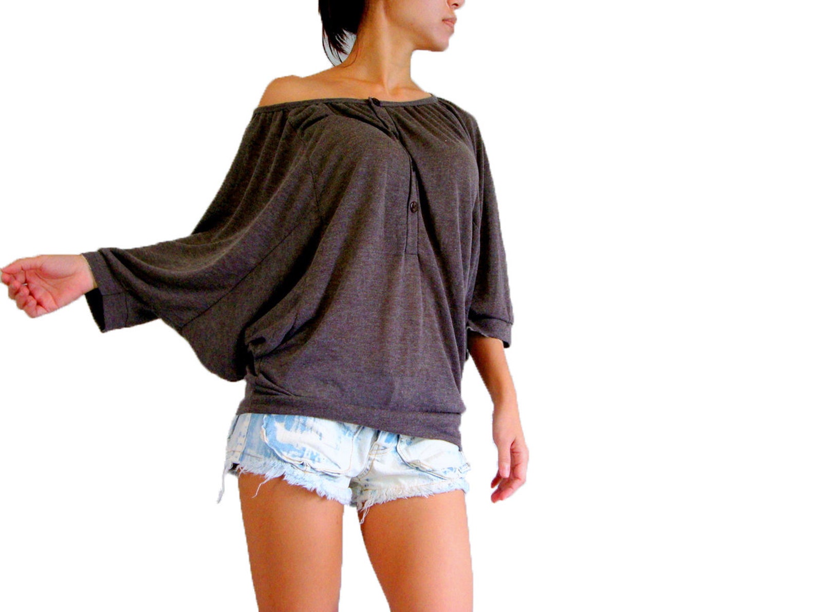 Oversized Batwing Tops off Shoulder Round Neck Blouse T-shirt in Dark ...