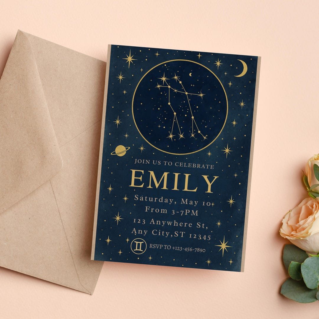 Gemini Zodiac Birthday Invitation: Celestial Astrology Party, Editable ...