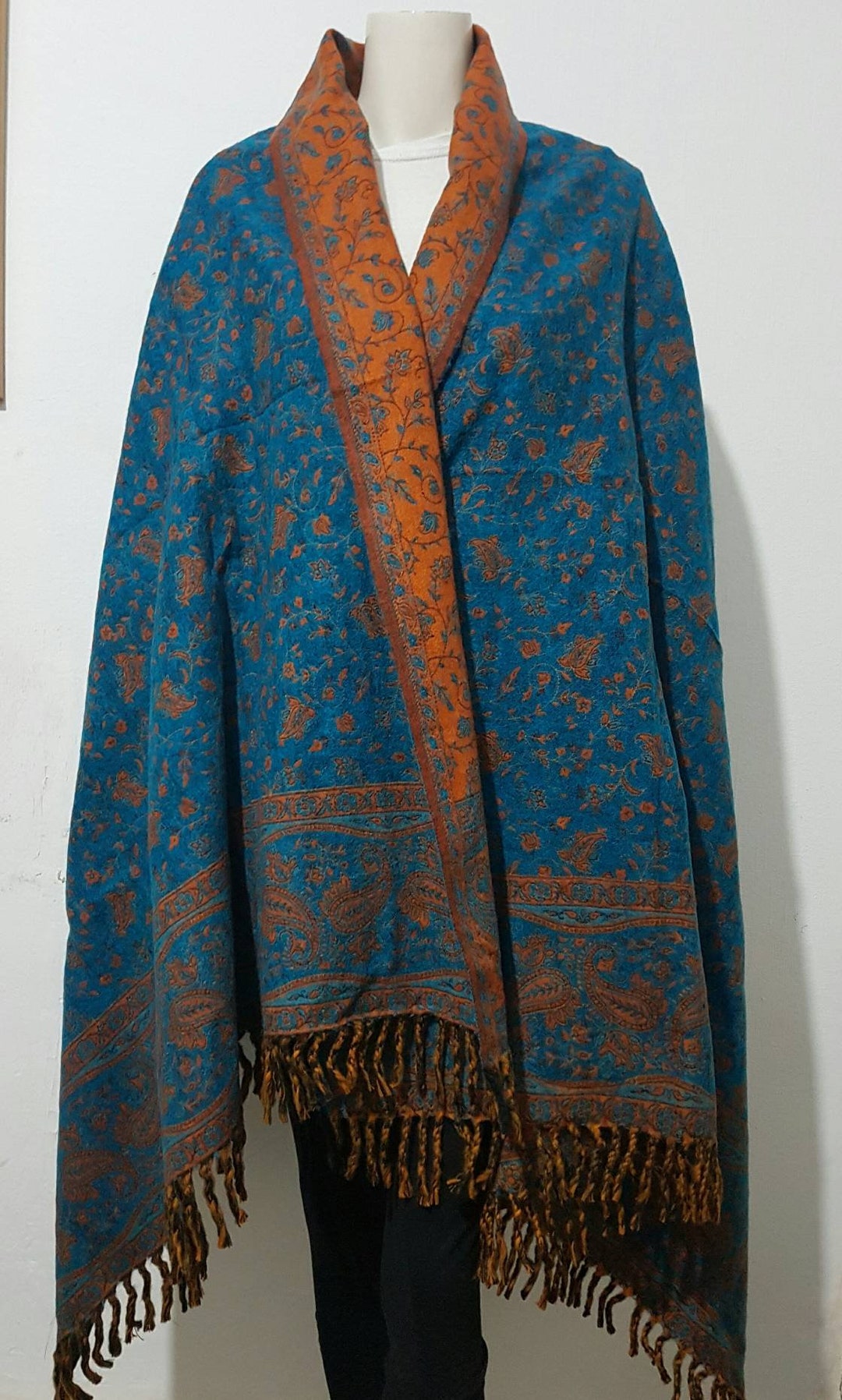 Real Yak Wool Scarf/himalayan Made Blue Orange COLOUR Paisley Floral ...