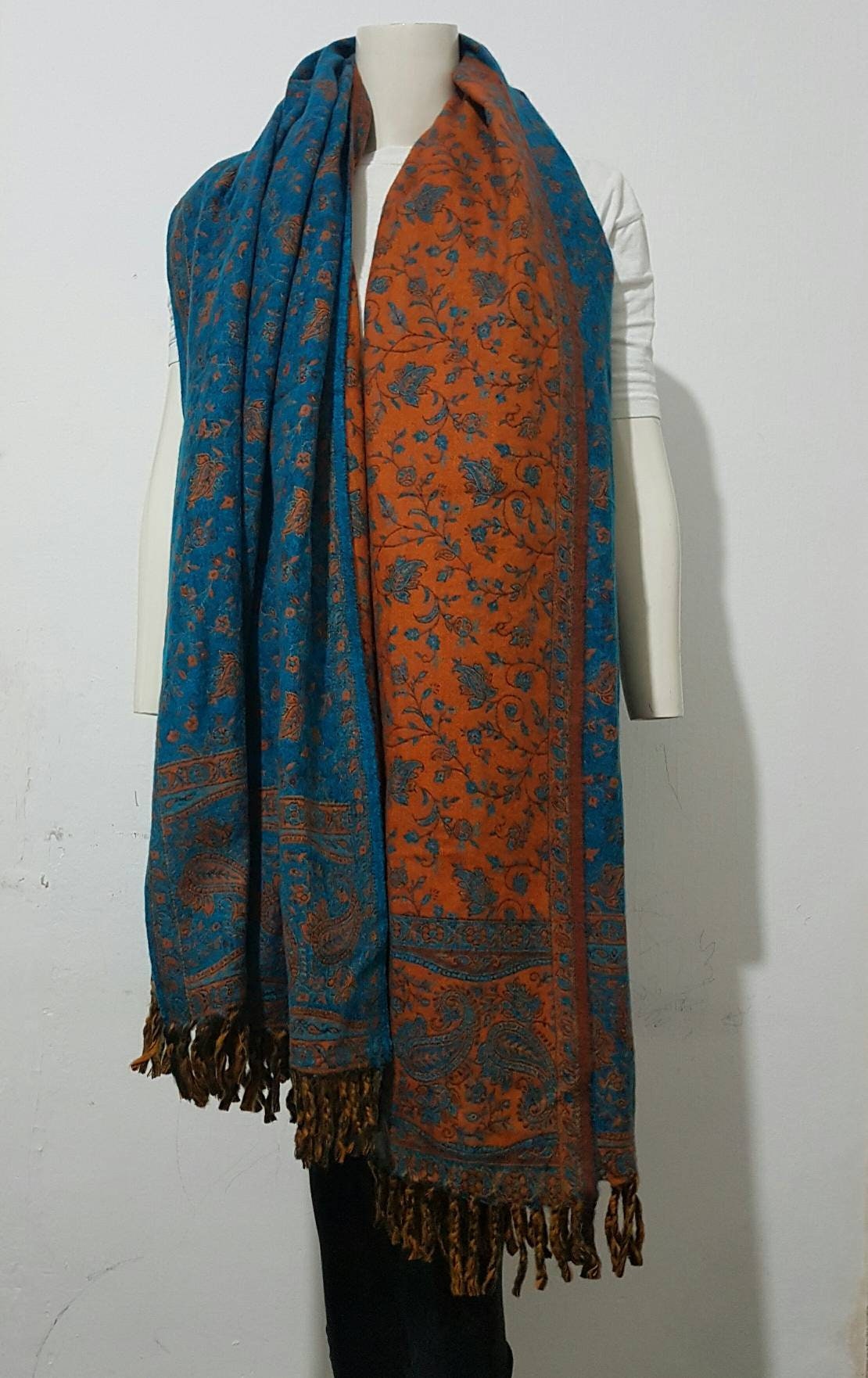 Real Yak Wool Scarf/himalayan Made Blue Orange COLOUR Paisley - Etsy
