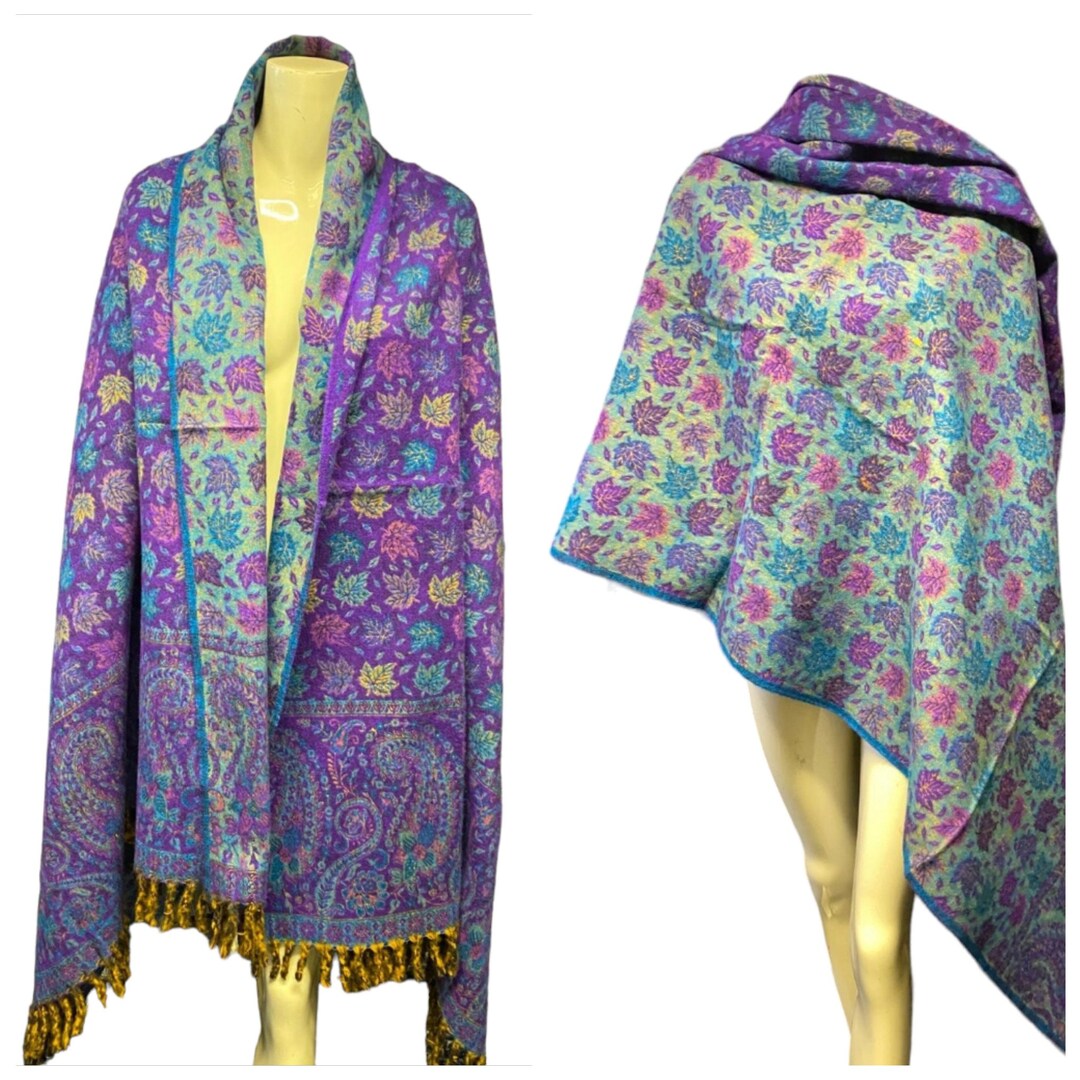 Real Yak Wool Shawl/himalayan Made Purple Blue Nintage Leaf Print ...