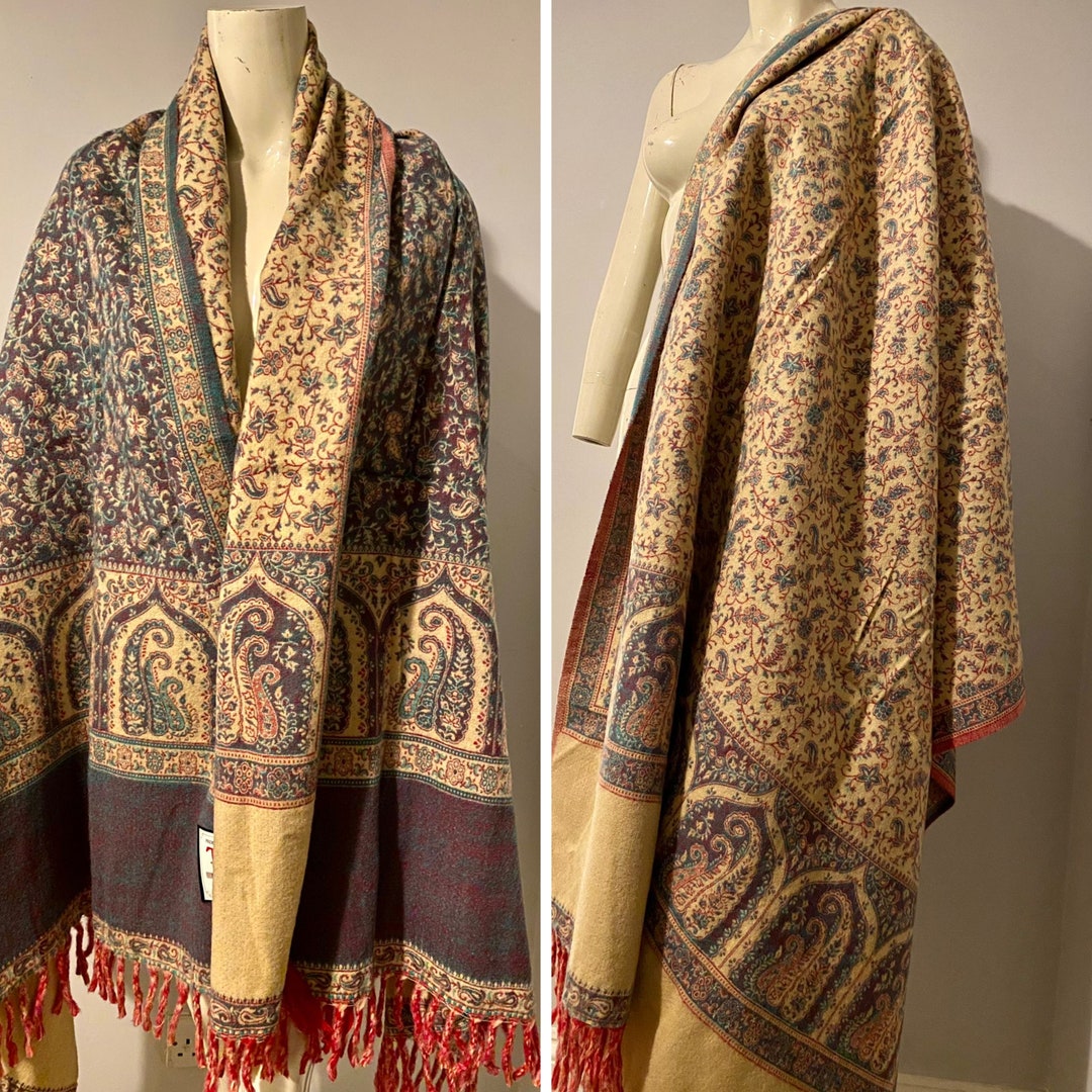 Pink/purple Yak Wool Shawl Floral Print Ethnic Double Sided Pure Yak ...