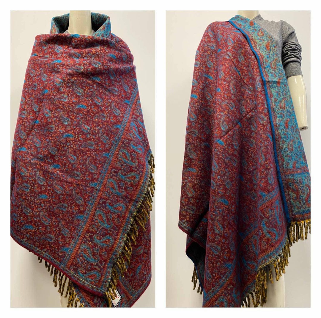 Maroon BLUE Colour Shawl Real Yak Wool Scarf Handmade Floral Print ...