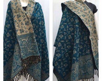 Real Yak Wool Shawl/himalayan Made Blue/beige COLOUR Paisley Floral ...