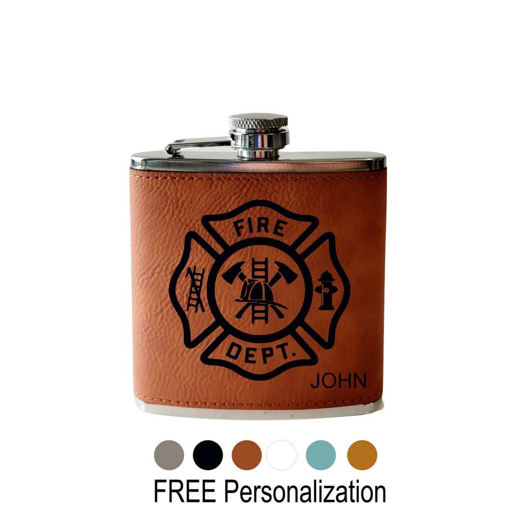 Flask- Firefighter Maltese Cross. Engraved Personalized Flask. Leather ...