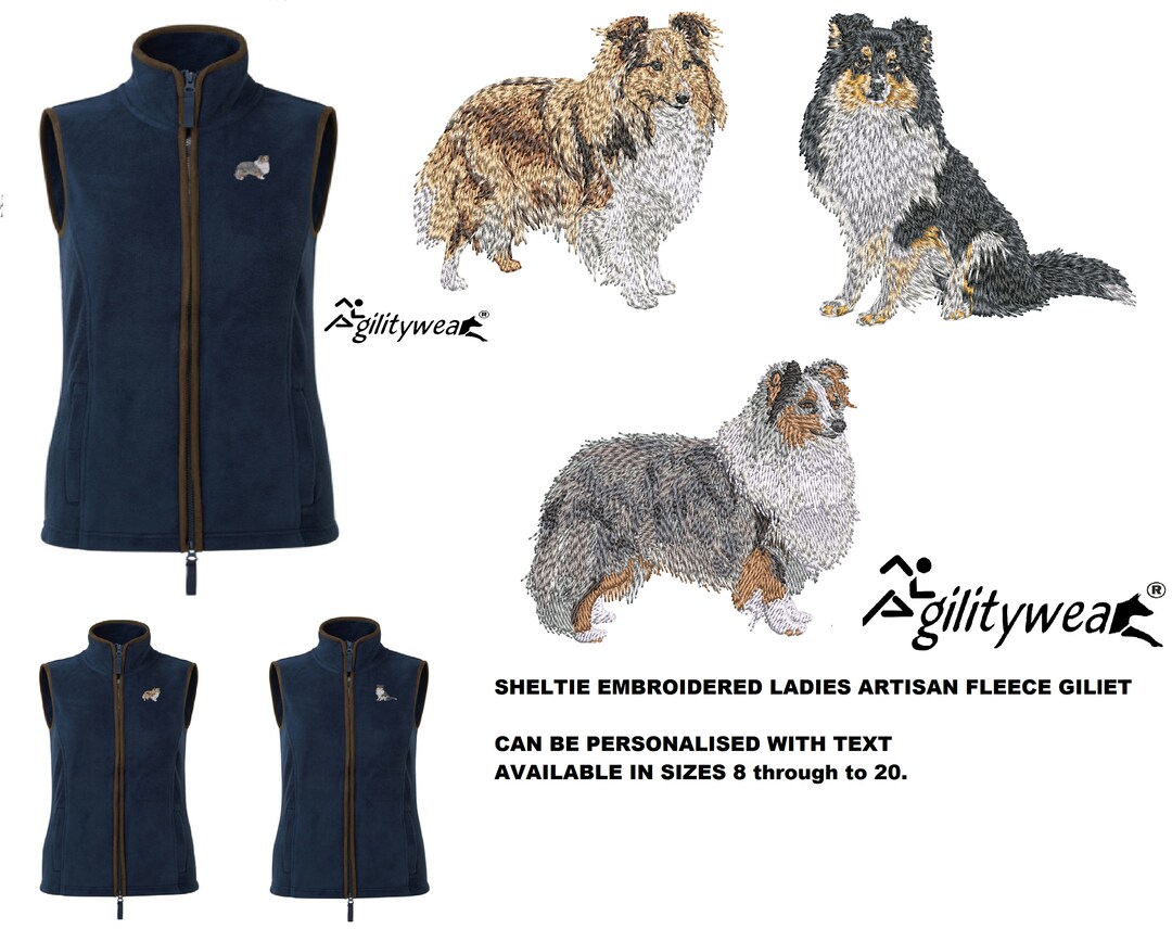 Embroidered Sheltie Fleece Gilet: Ladies Artisan Shetland Sheepdog Vest ...