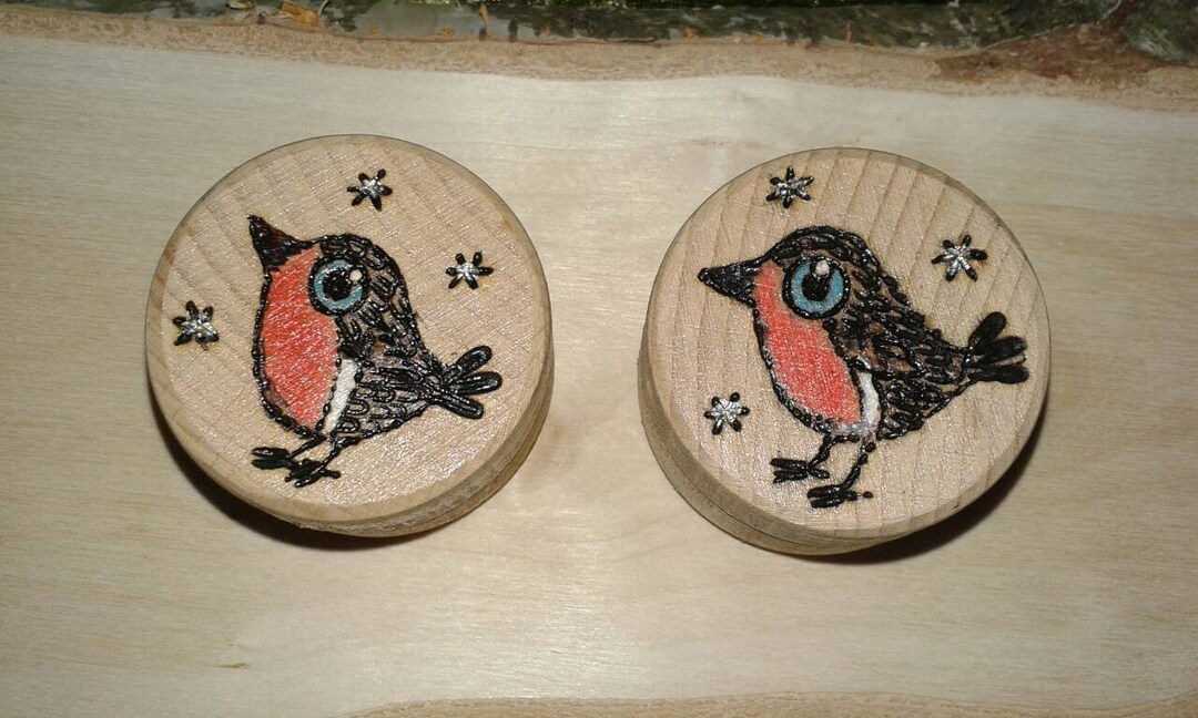 Robin Mini-pot, Pyrography Christmas Box, Round Robin Wooden Ring Pot ...