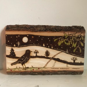 Midwinter Messenger Wooden Pyrography Art, Hanging Wooden Rustic Slice ...