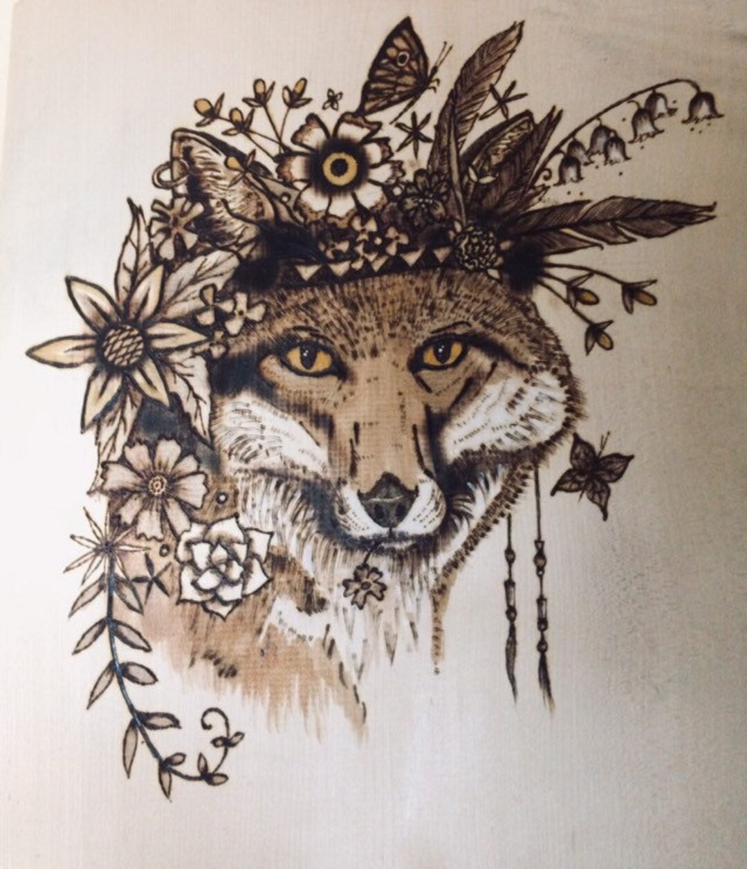 Large Festival Fox Burned on Sycamore Wood Slab for Wall or Freestand ...