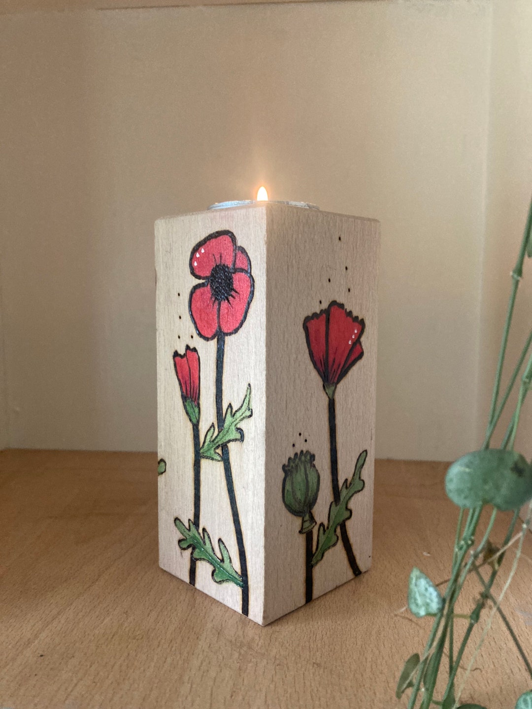 Personalised Poppy Tea-light Holder, Burned Wooden Candle Holder ...