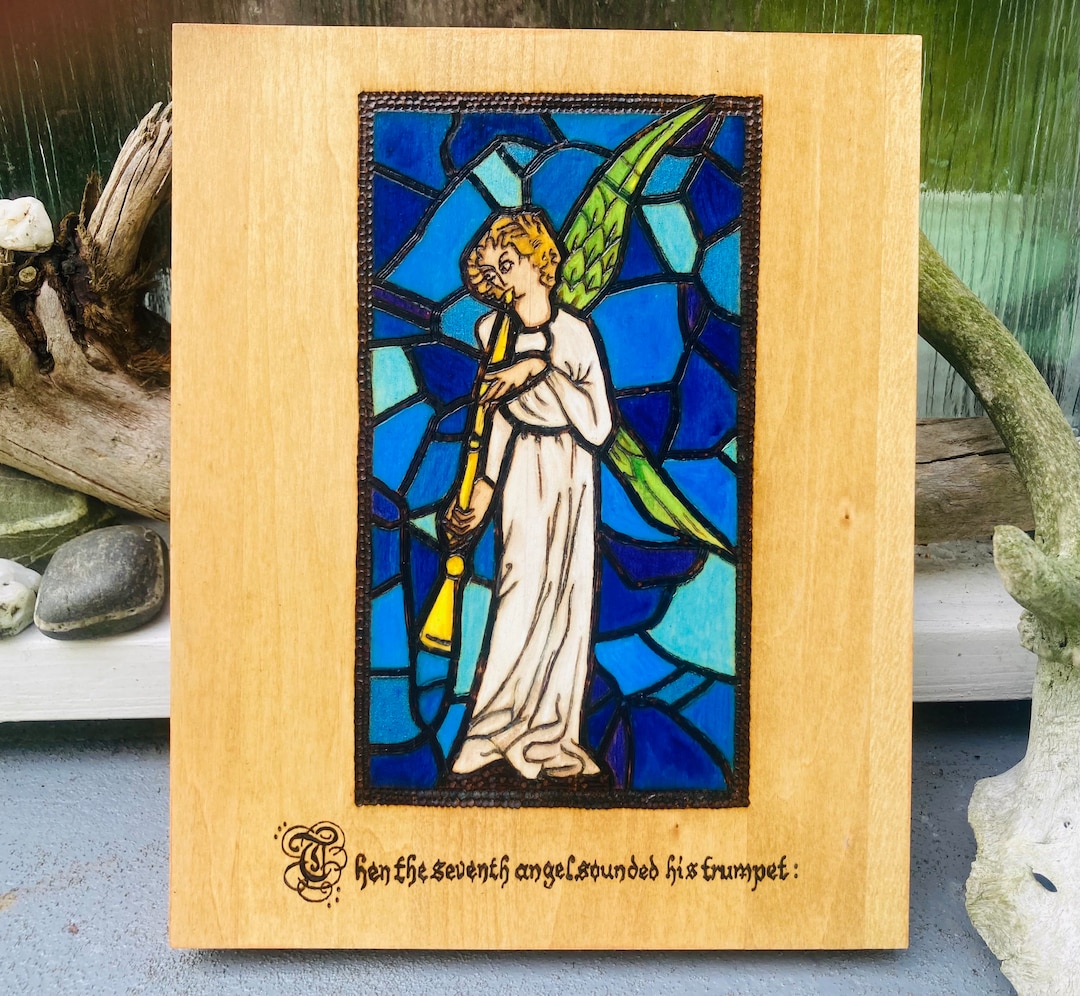 Seventh Trumpet Pyrography Wood Panel With Stained Glass Angel ...