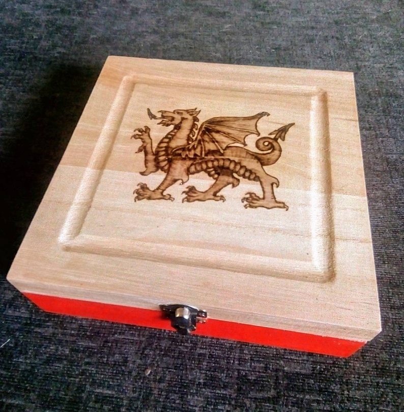 Personalised Welsh Dragon on Solid Wood Box. Hand Burned Pyrography ...