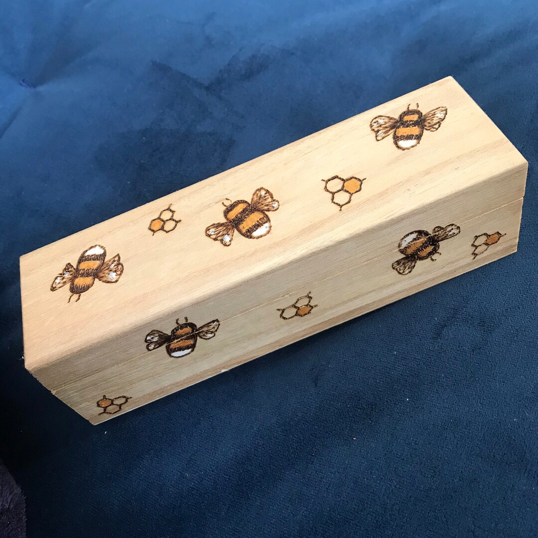 Personalised Wooden Bumble Bee Box, Pyrography Bee Pen Box, Golden Bee ...