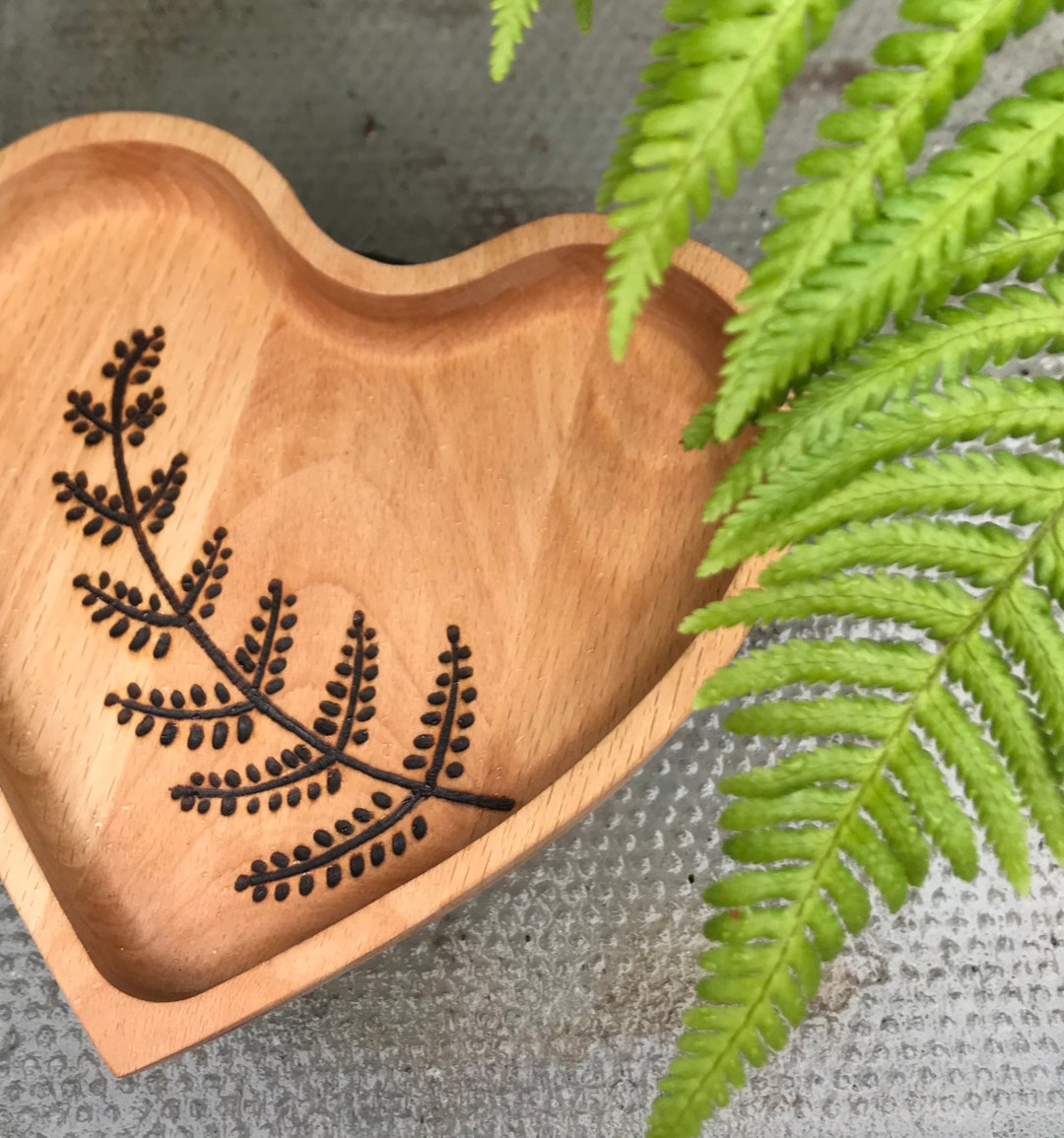 Personalised Fern Burn Wooden Heart Dish, Pyrography Trinket Tray With ...