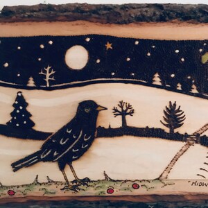 Midwinter Messenger Wooden Pyrography Art, Hanging Wooden Rustic Slice ...