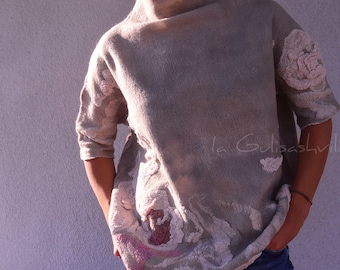 Felted Blouse, Felted Wool, Women Gray Nuno Felt Top, Wearable Art ...