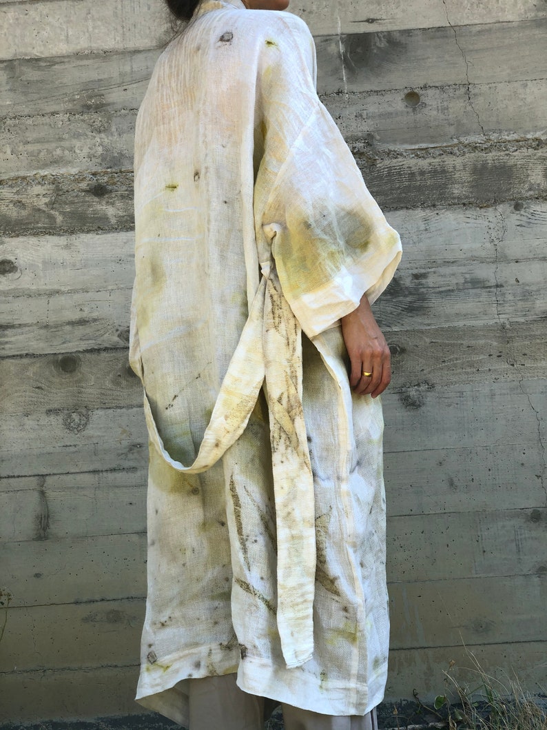 Women White Linen Oversized Kimono With Eco Print - Etsy