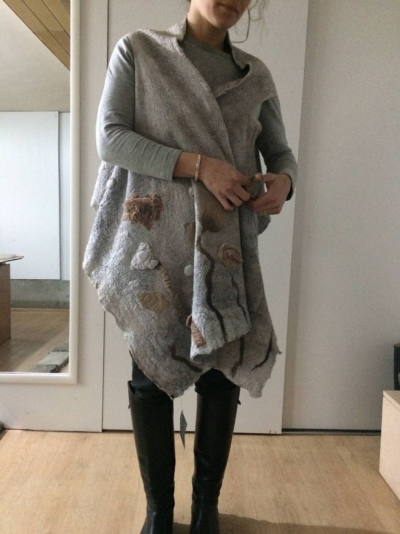 Felted Wool, Women Light Grey Nuno Felt Vest Poncho, Wearable Art ...