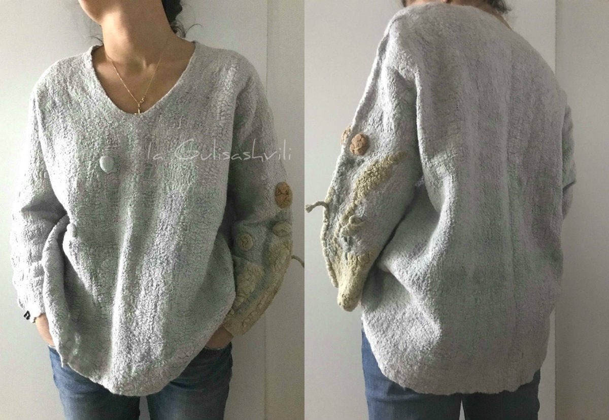 Felted Blouse, Felted Wool, Women Gray Nuno Felt Top, Wearable Art ...