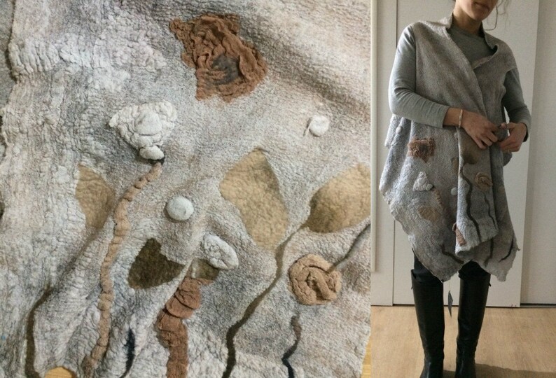 Felted Wool, Women Light Grey Nuno Felt Vest Poncho, Wearable Art ...