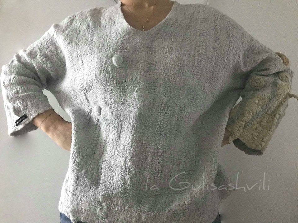 Felted Blouse, Felted Wool, Women Gray Nuno Felt Top, Wearable Art ...