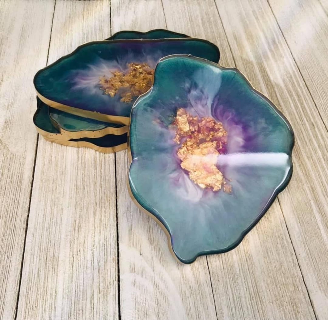 Mermaid Geode Gold Edge Coasters Set of 4 Teal Purple and Gold Flakes ...