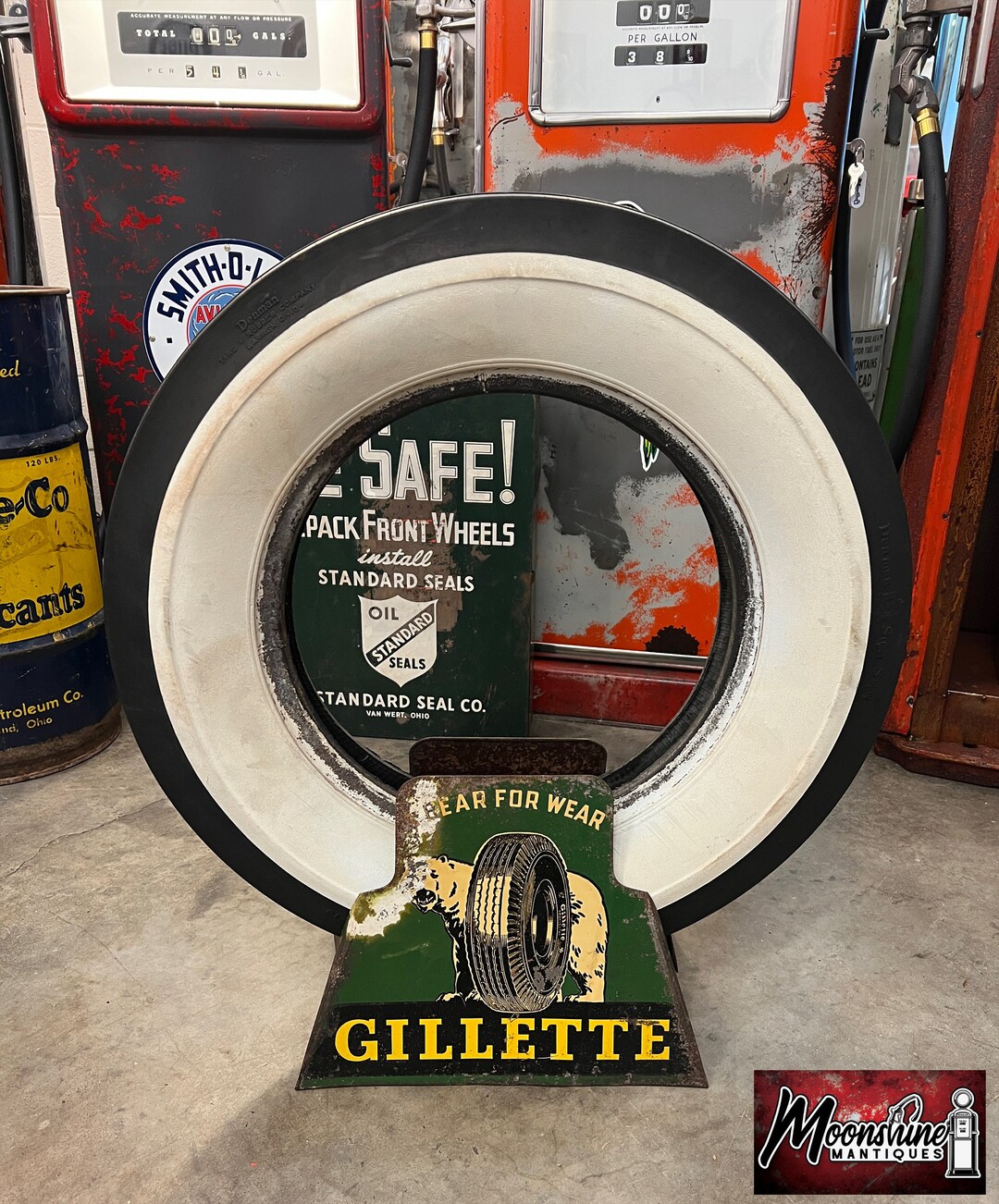 1940's GILLETTE TIRES bear for Wear Display Stand Rack Sign Gas & Oil ...