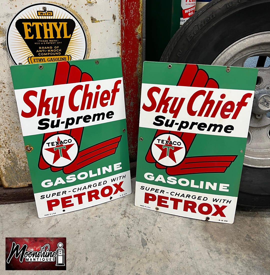 MATCHING PAIR of 1950's TEXACO Sky Chief Porcelain Gas Pump Plate Signs ...