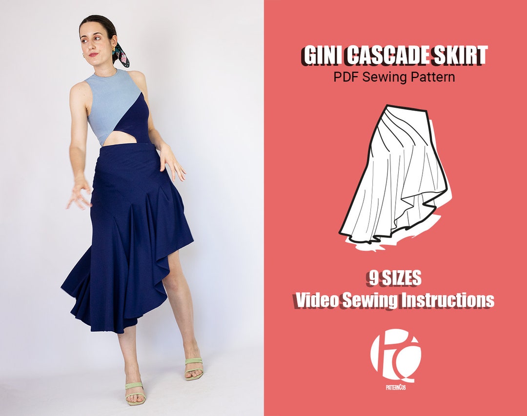 Cascade Draped Skirt Sewing Pattern | Midi High-waist Skirt Pattern | 9 SIZES | PDF Sewing ...