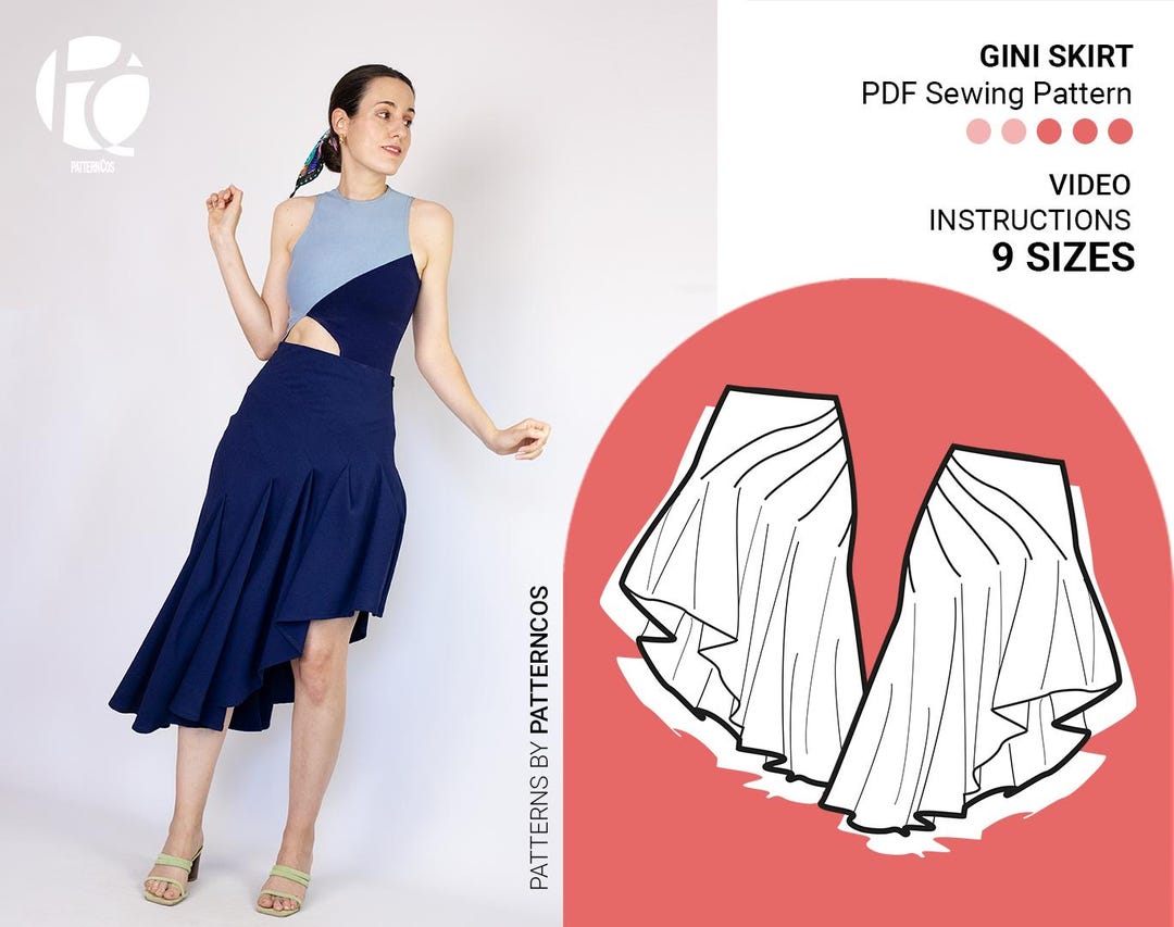 Cascade Draped Skirt Sewing Pattern | Midi High-waist Skirt Pattern ...