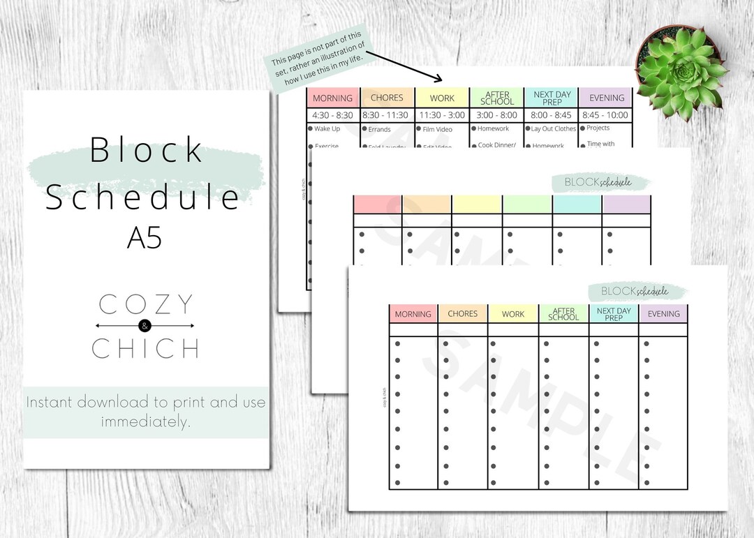 A5 Block Schedule | Instant Download | Planner Inserts | Block ...