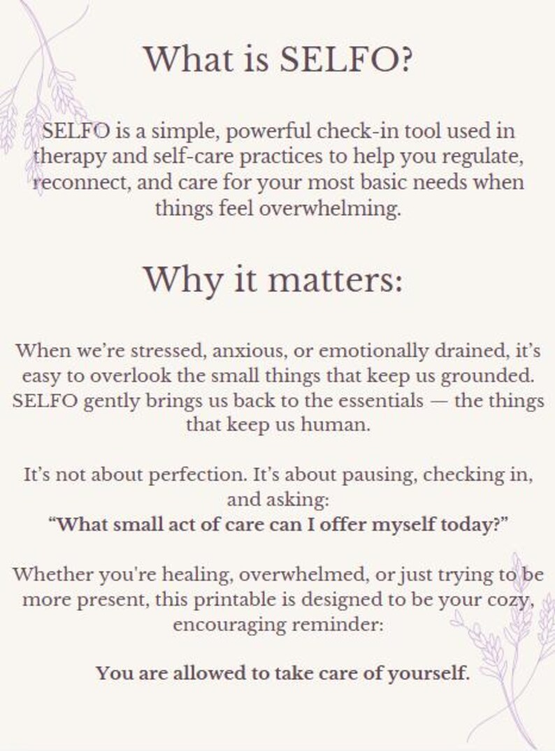 SELFO Self-care Check-in Printable – Cozy Lavender Mental Health ...