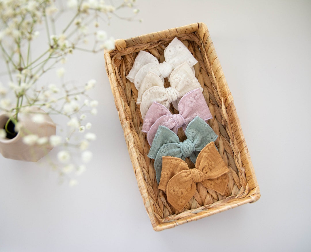 Embroidered Floral Small Fable Bow, Muslin Fable Bow, Spring Hair Bow ...