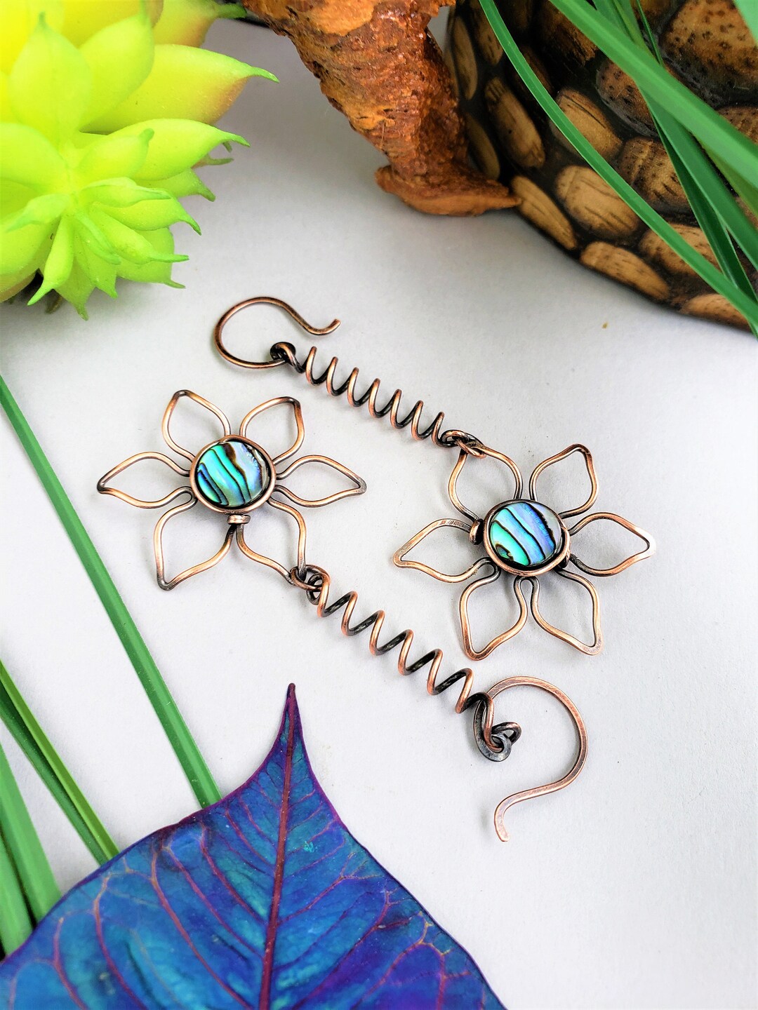 Abalone Copper Earrings, Wire Flower Earrings, Copper Spiral Earrings, Abalone Wire Wrapped ...
