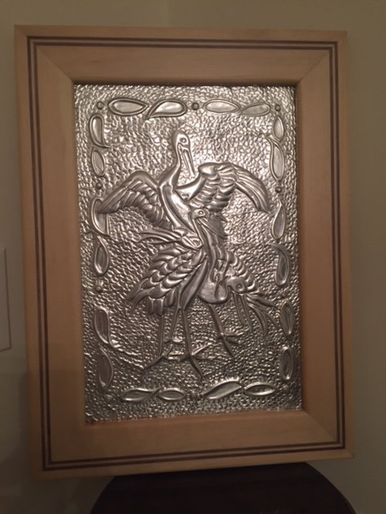 Beautiful Embossed Aluminum Art. "repousse" Paradise Birds W/ Wooden ...