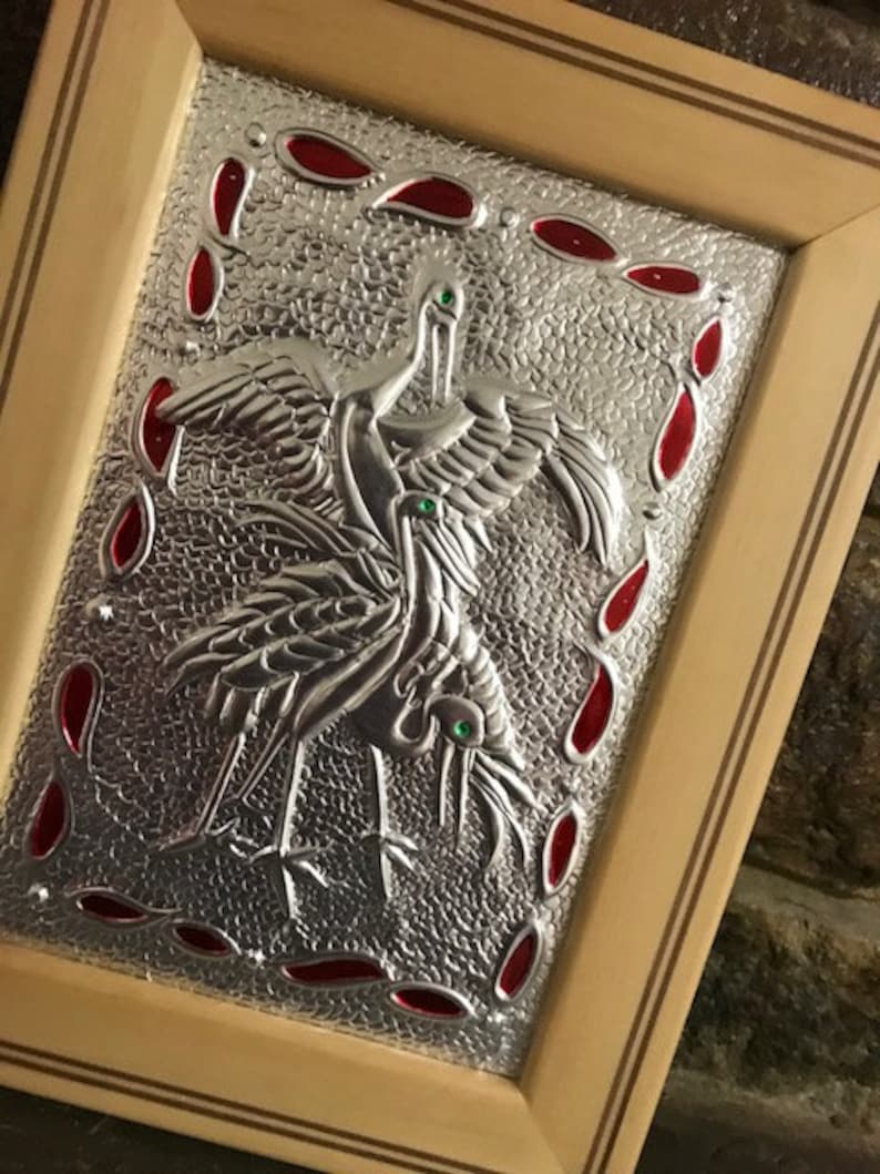 Beautiful Embossed Aluminum Art. repousse Paradise Birds W/ Wooden ...