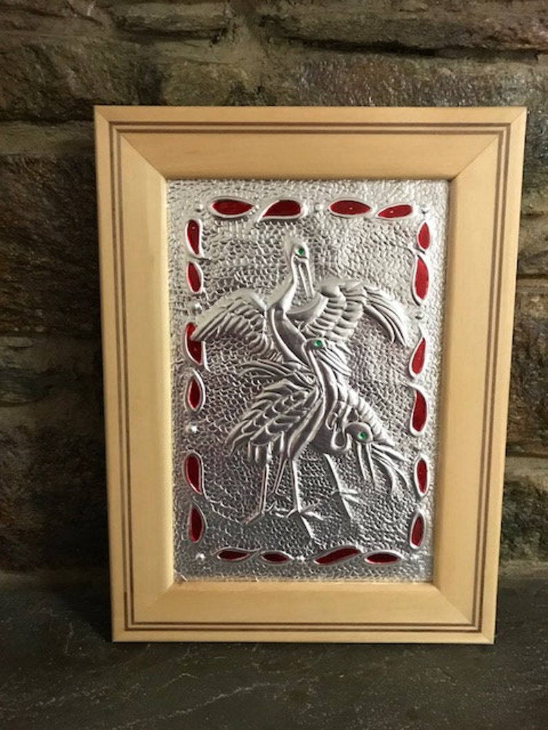 Beautiful Embossed Aluminum Art. "repousse" Paradise Birds W/ Wooden ...