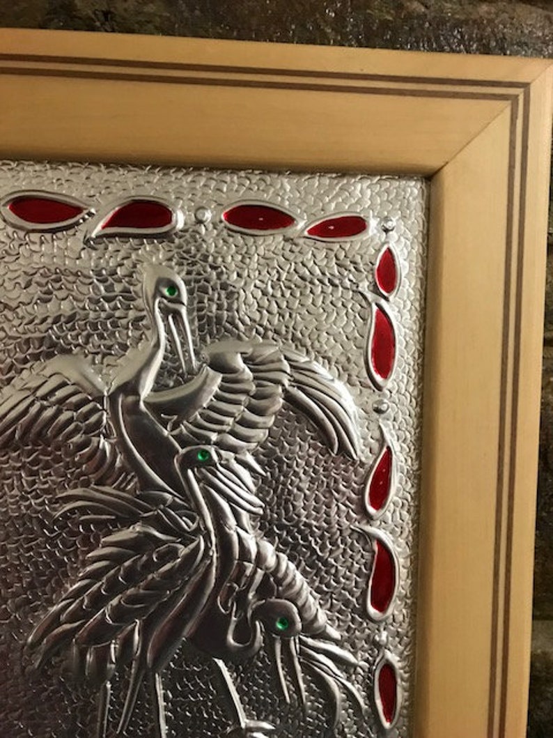 Beautiful Embossed Aluminum Art. repousse Paradise Birds W/ Wooden ...