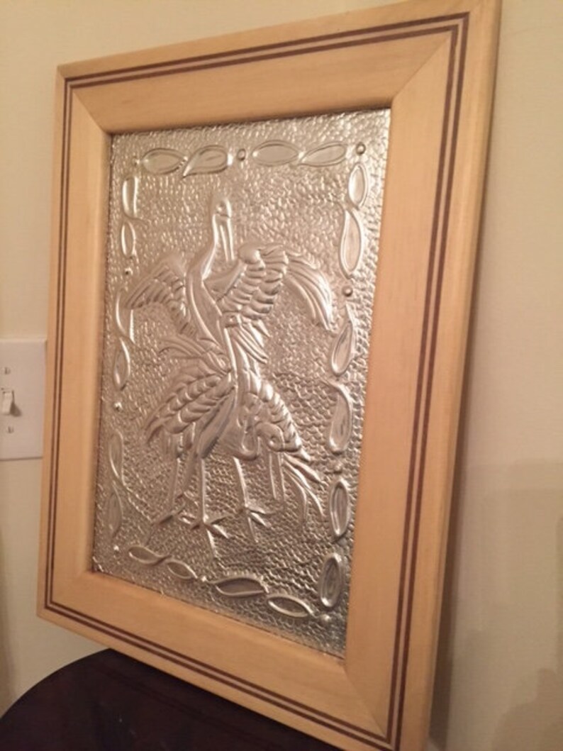 Beautiful Embossed Aluminum Art. "repousse" Paradise Birds W/ Wooden ...