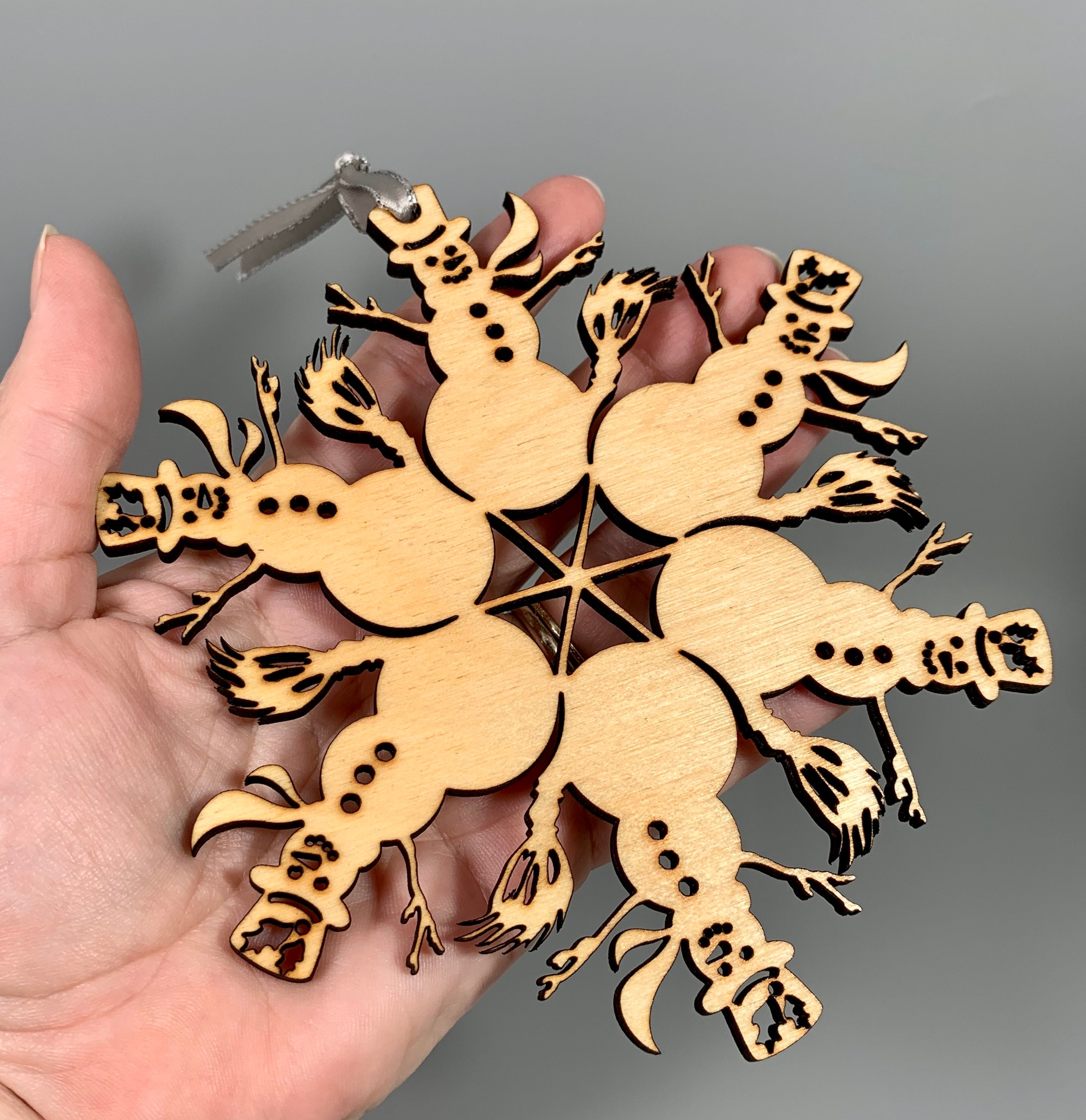 Happy Christmas Snowman Laser Cut Wood Snowflake Ornament | Etsy