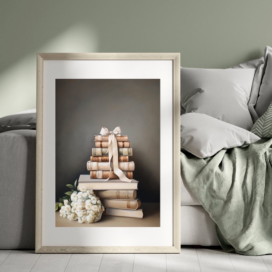 Printable Artwork Neutral Book Stack With Bow and Flowers Oil Painting ...
