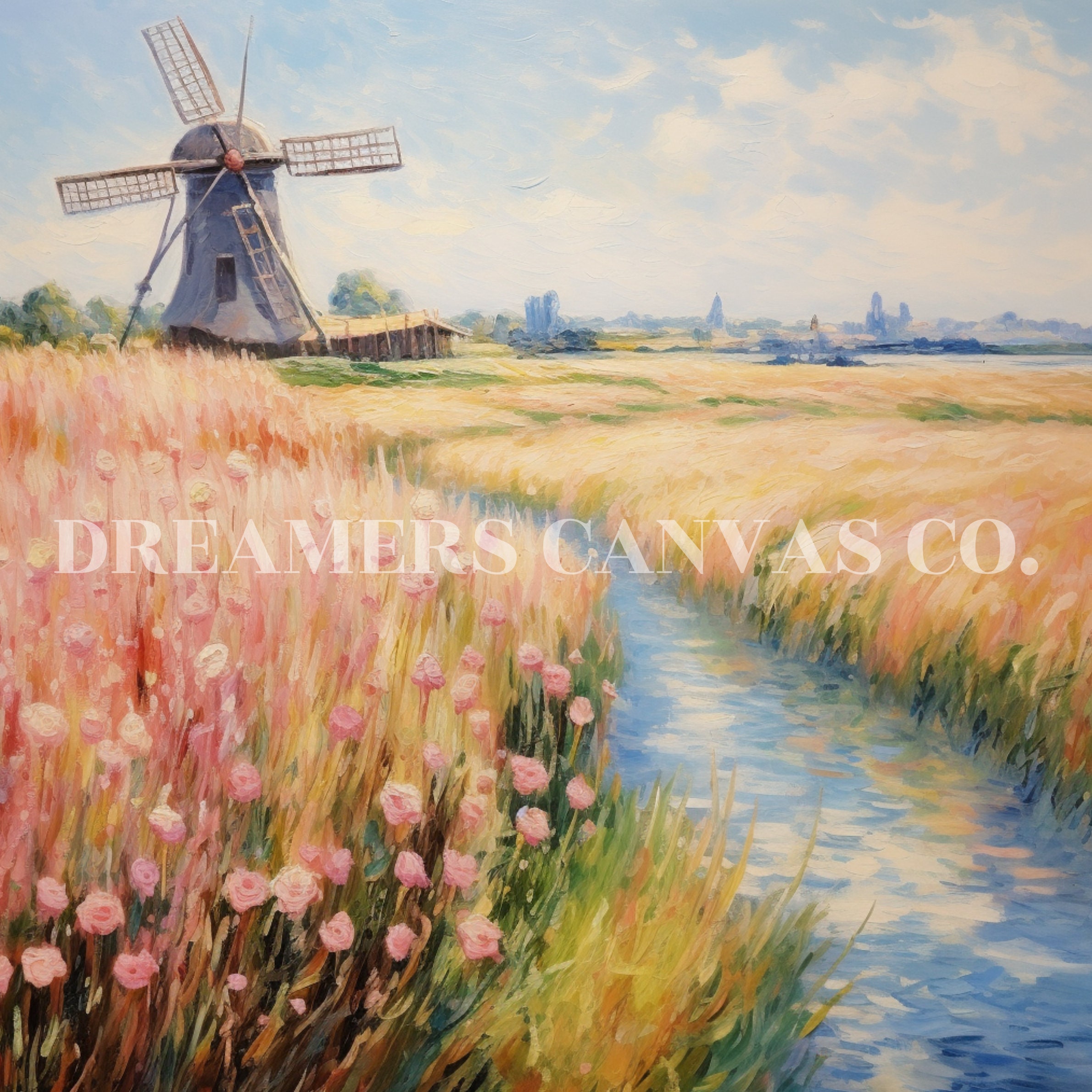 Printable Artwork Flower Field With Windmill Oil Painting Wall Art ...