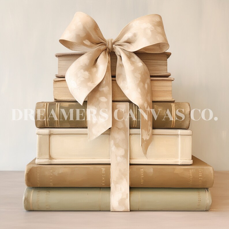 Printable Artwork Neutral Book Stack With Ribbon Bow Oil Painting Wall ...