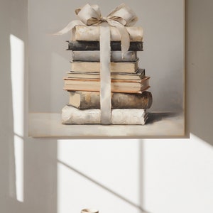 Printable Artwork Neutral Book Stack With Bow Oil Painting Wall Art ...