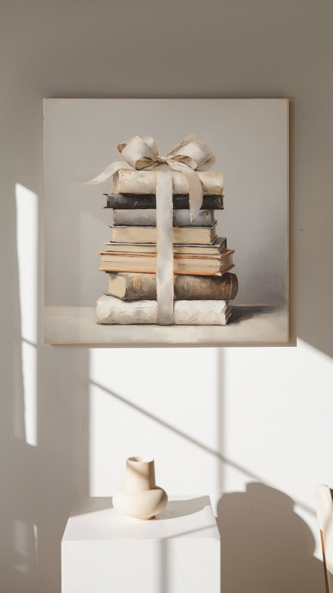 Printable Artwork Neutral Book Stack With Bow Oil Painting Wall Art ...