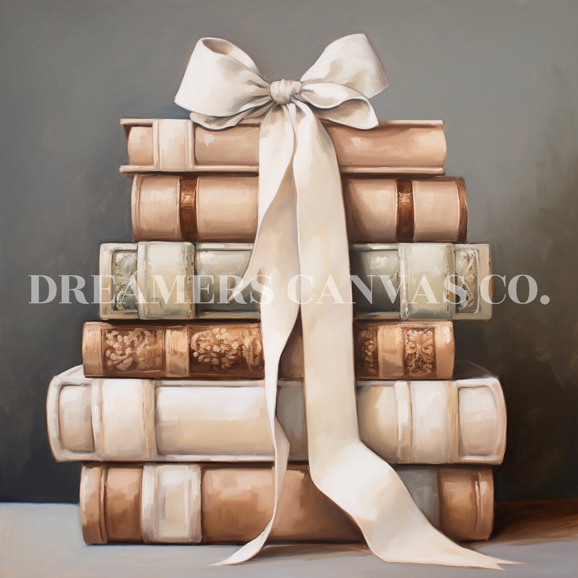 Printable Artwork Neutral Book Stack With Bow Oil Painting Wall Art ...