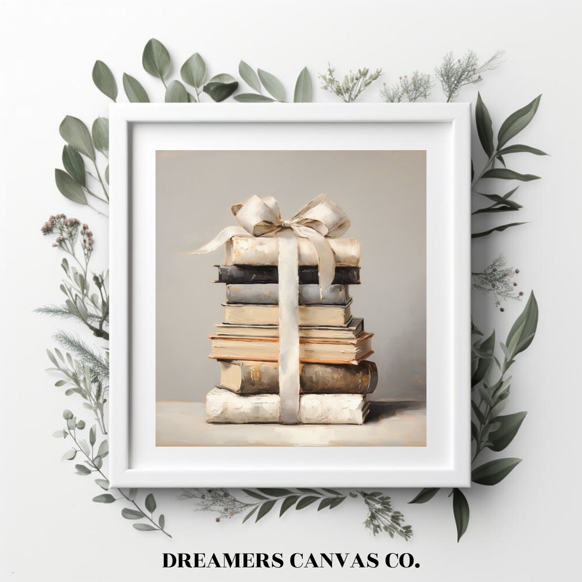 Printable Artwork Neutral Book Stack With Bow Oil Painting Wall Art ...
