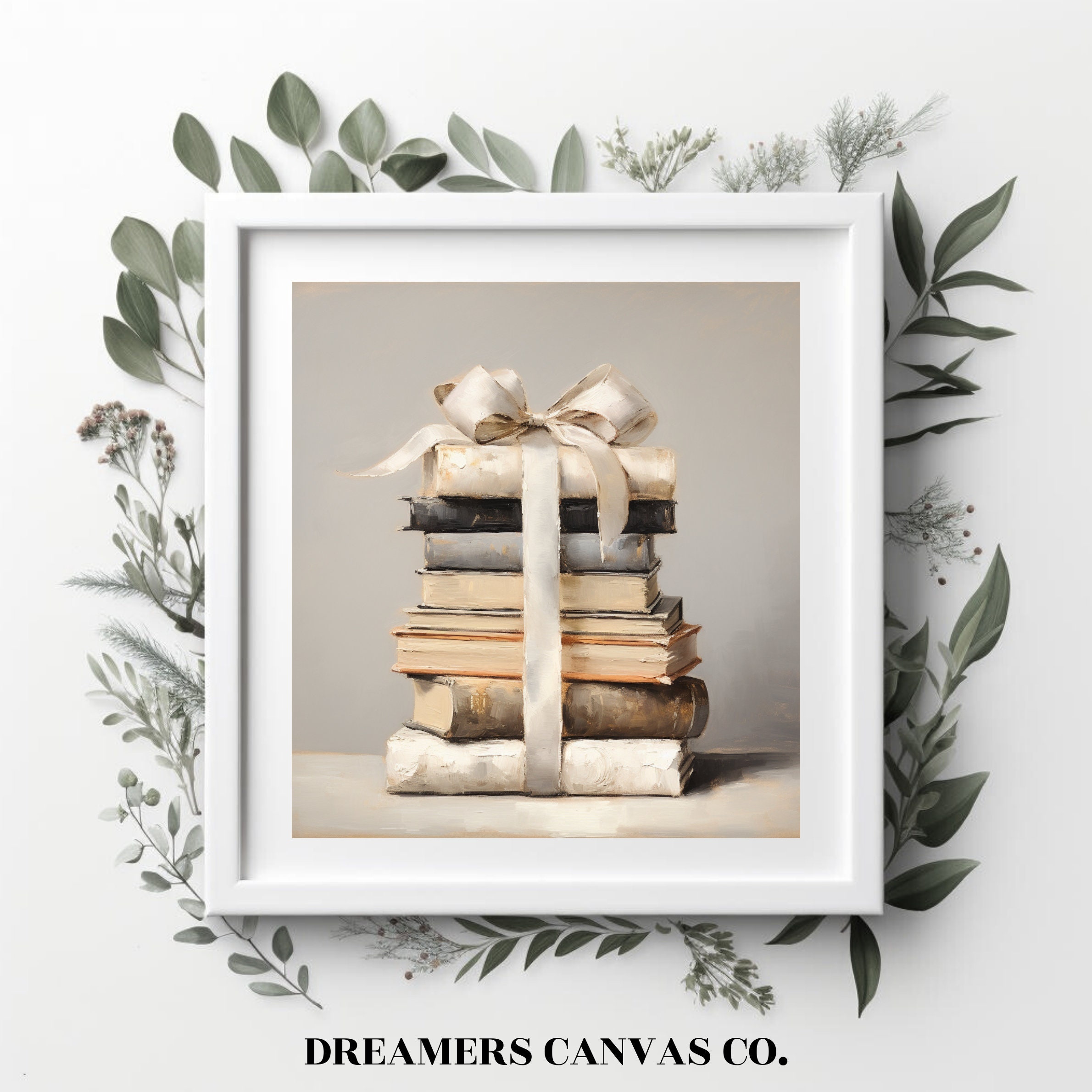 Printable Artwork Neutral Book Stack With Bow Oil Painting Wall Art ...