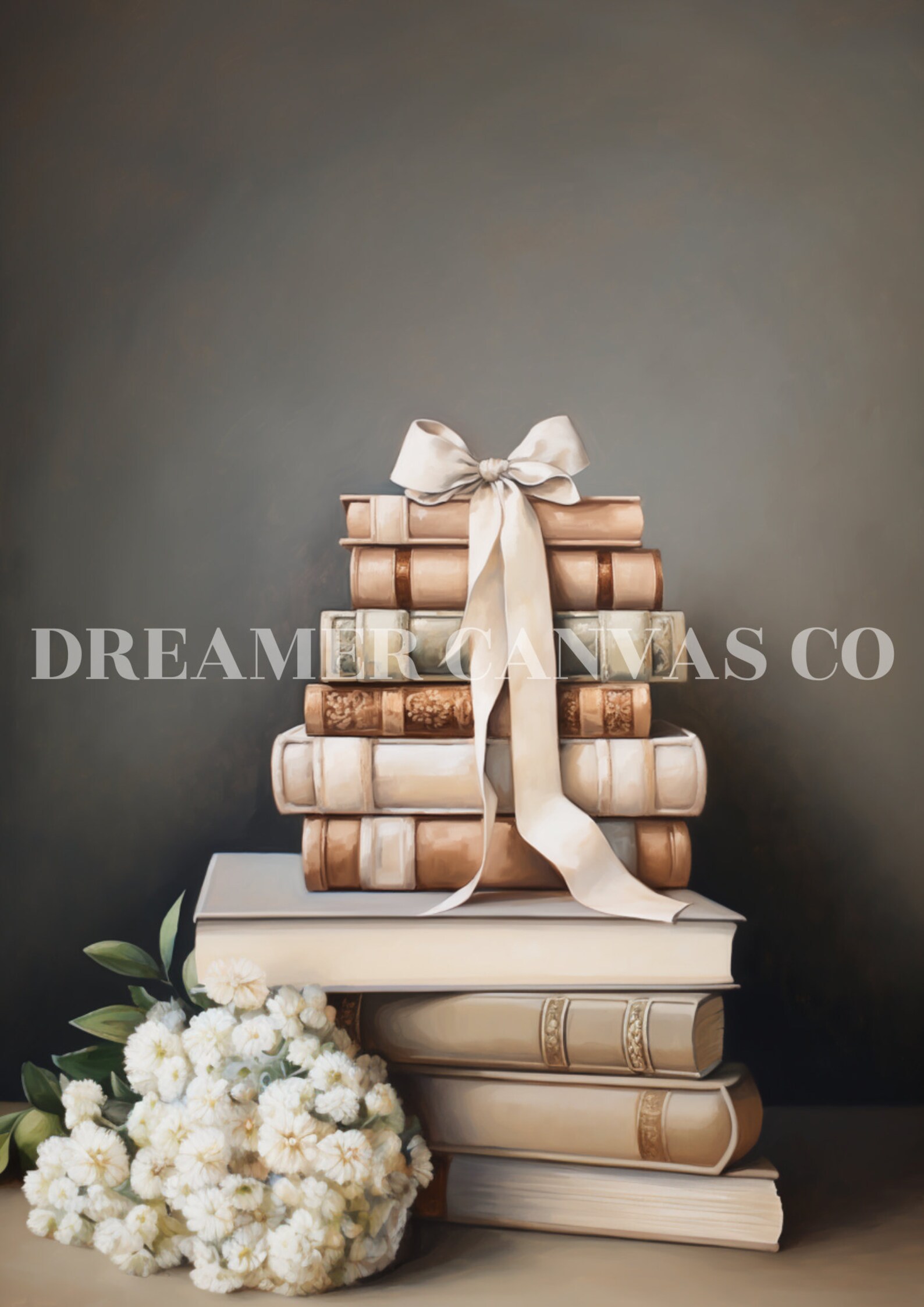 Printable Artwork Neutral Book Stack With Bow and Flowers Oil Painting ...